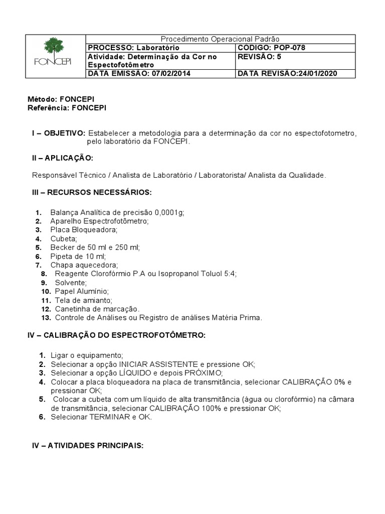 POP-078.r05 Determinacao Da Cor No Espectofotometro | PDF | Solvente | Química