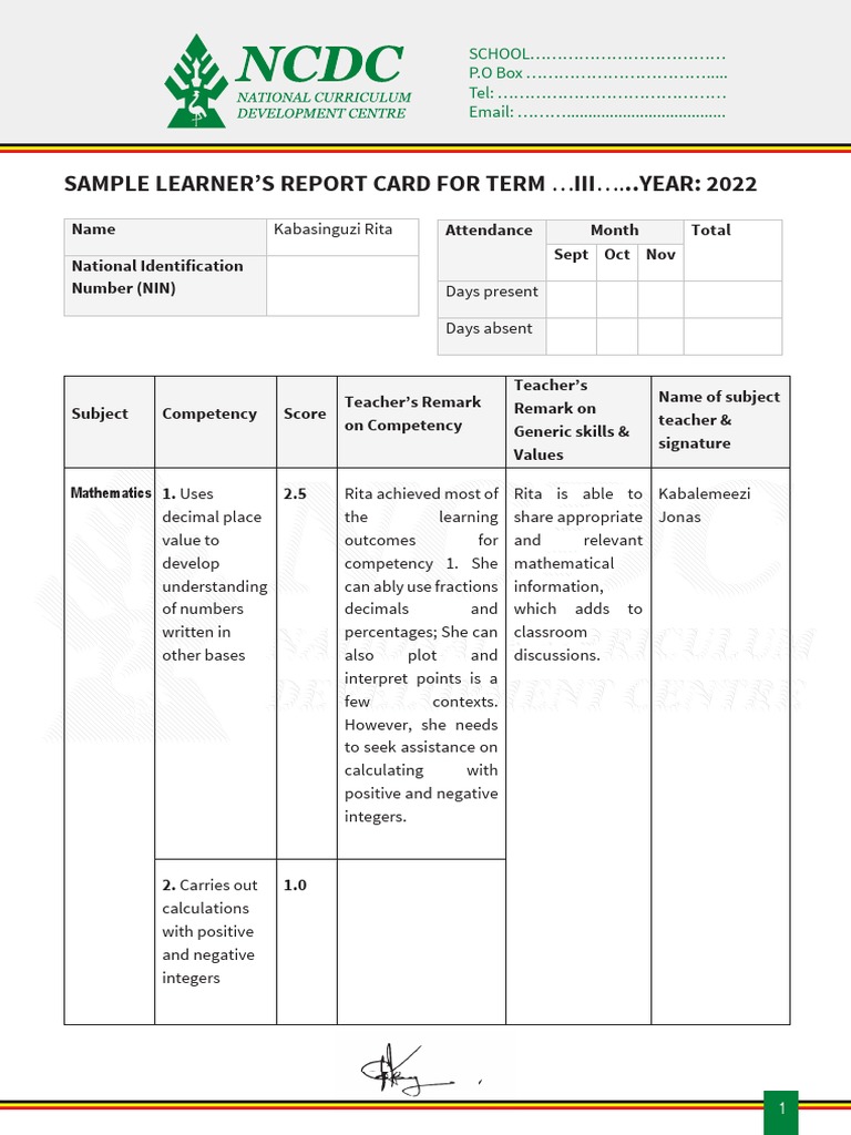 NCDC-Sample Term Three Report Card1-2022 | PDF | Learning | Cognitive Science