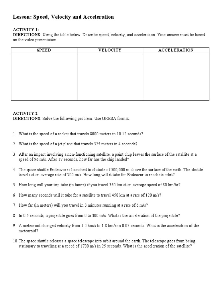 Speed, Velocity & Acceleration Lesson | PDF