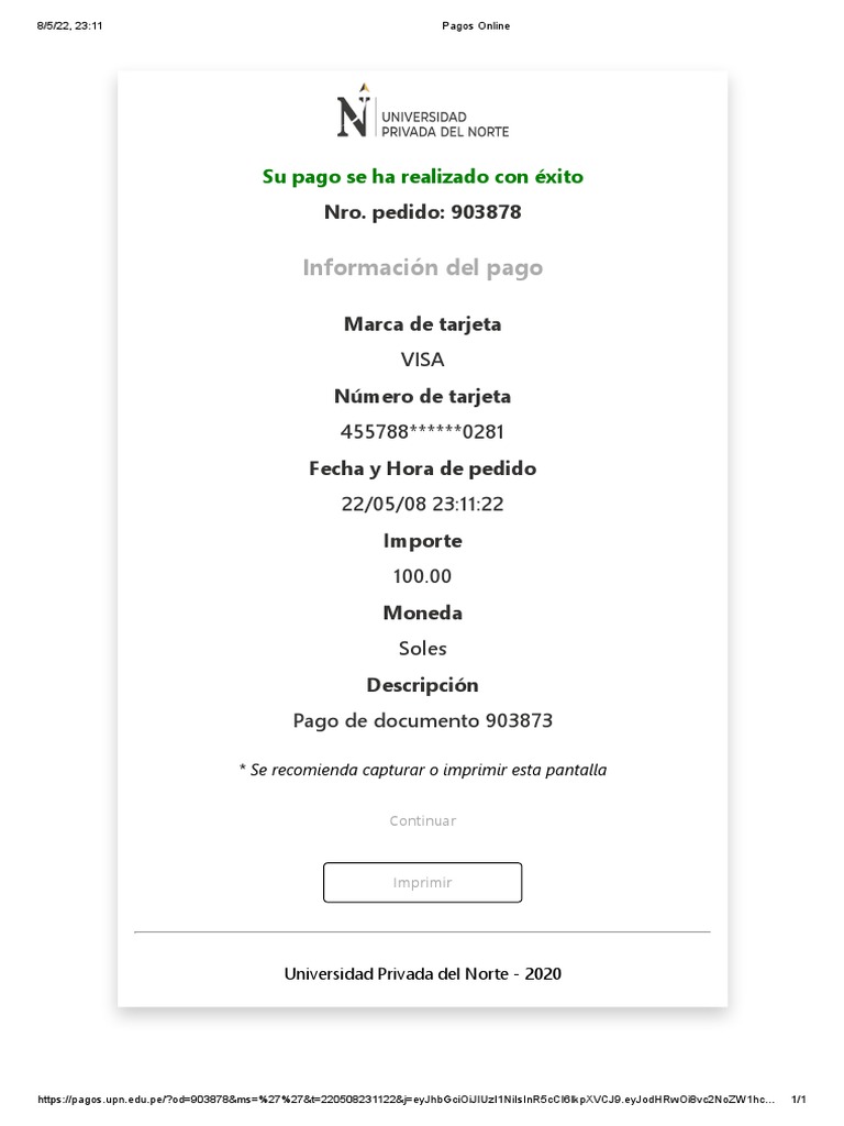 Confirmación exitosa de pago online por un documento de la Universidad ...