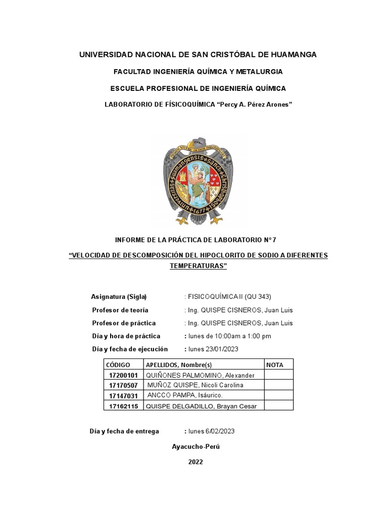 Informe N7 Fisicoquimica 2 | PDF | Cinética química | Reacciones químicas