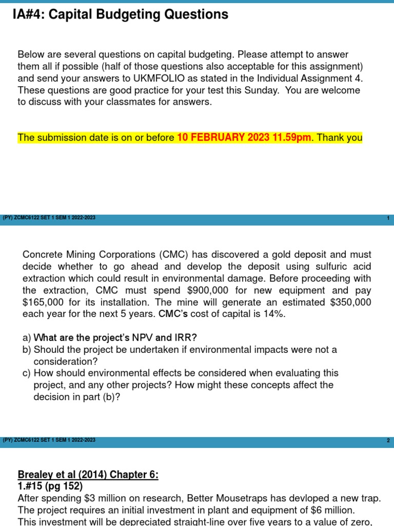 Capital Budgeting Questions IA#4 | PDF | Capital Budgeting | Internal ...
