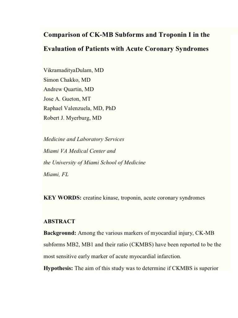 Comparison of CK-MB Subforms and Troponin I in The Evaluation of ...