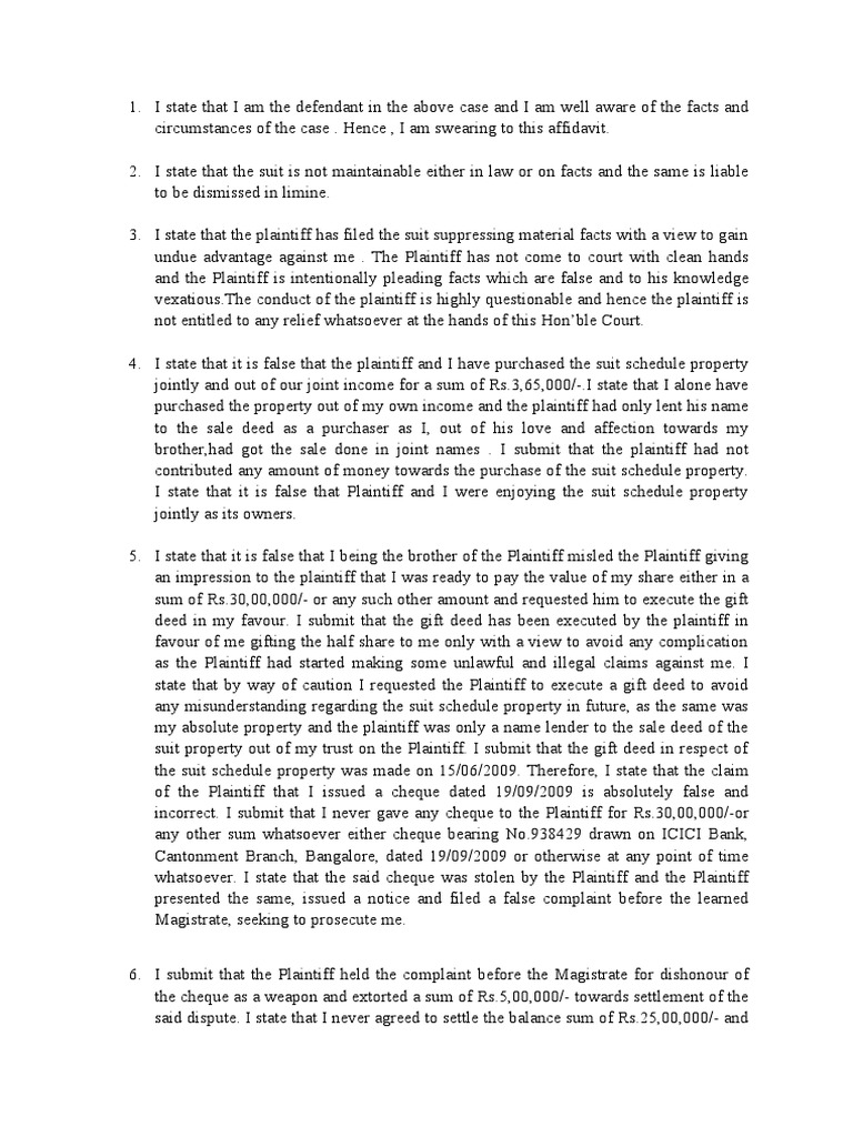 Defendant's Affidavit Against Plaintiff's Claims | PDF | Lawsuit | Cheque