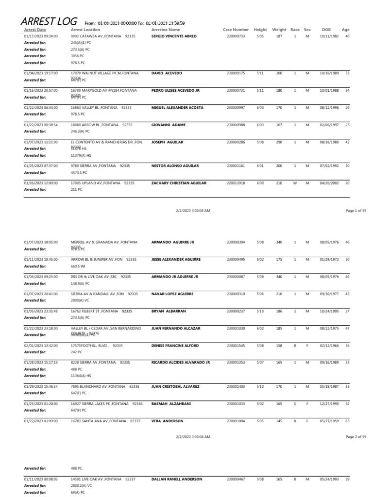 Fontana Arrests January 2023 | PDF | Travel