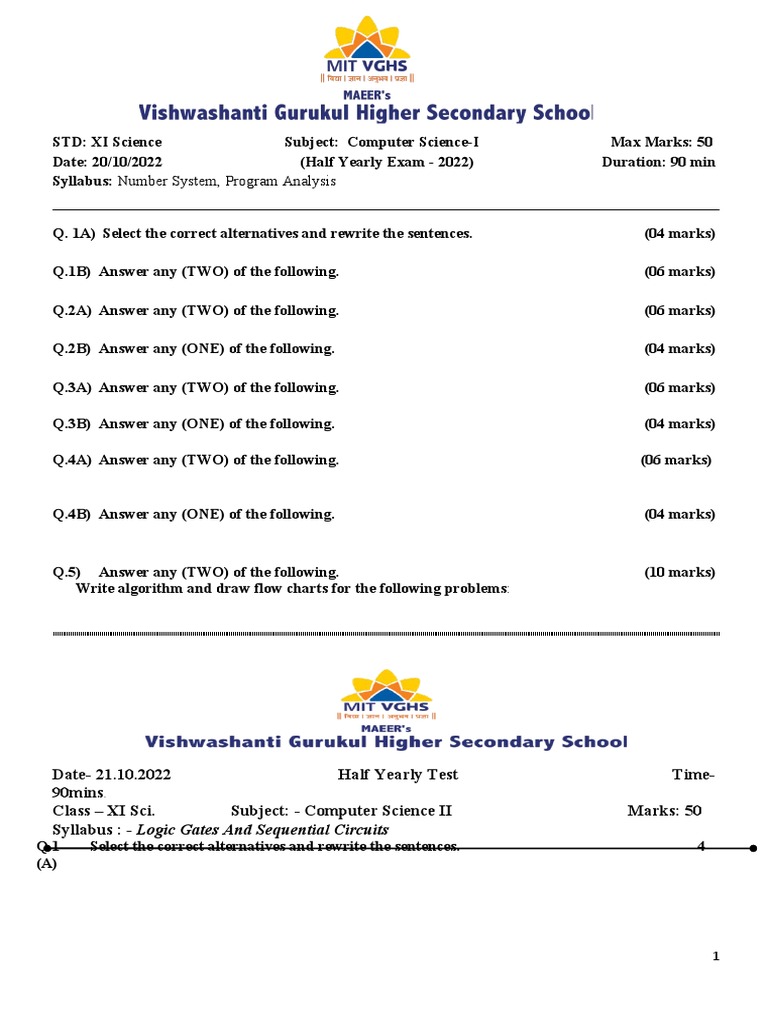 Xi Cs-I - Half - Yearly - QP - 20-10-2022 | PDF