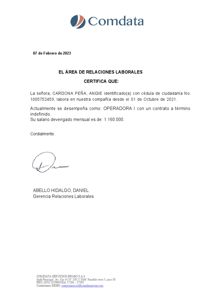 Certificación Laboral de Angie Cardona | PDF | Negocios | Finanzas y dinero