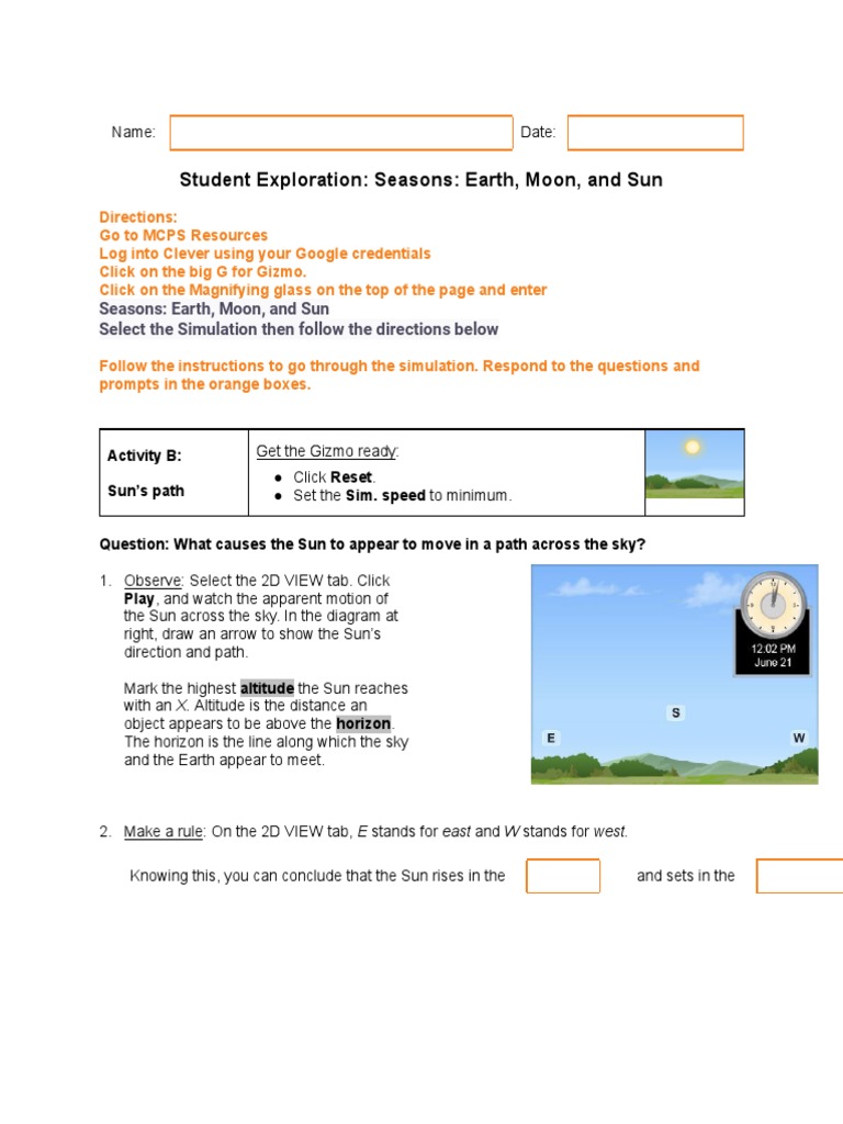Seasons: Earth, Moon, and Sun Gizmo Guide | PDF | Sky | Shadow