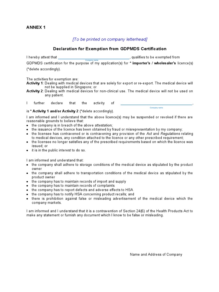 GN 02 Annex 1 Declaration For Exemption From Gdpmds (18aug) | PDF | Medical Device | License