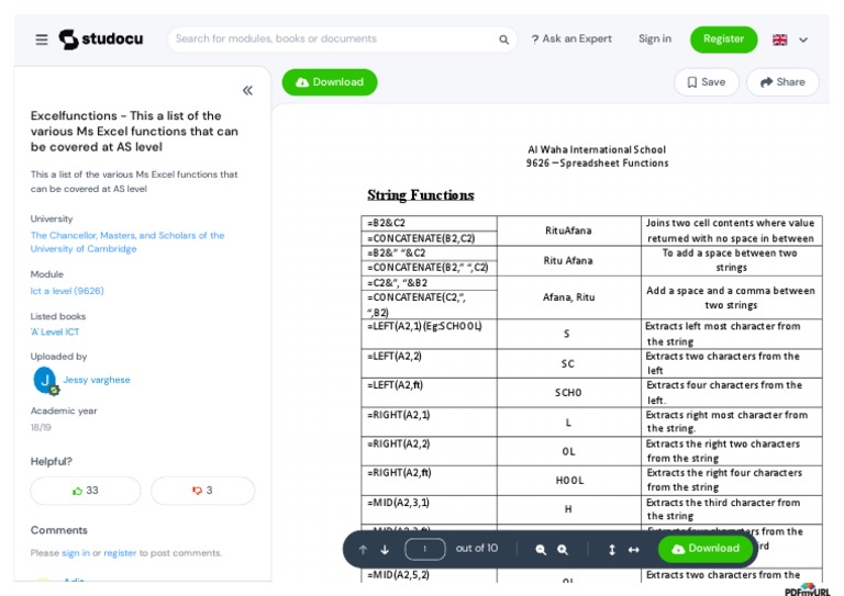 Excel Functions List for AS Level ICT | PDF