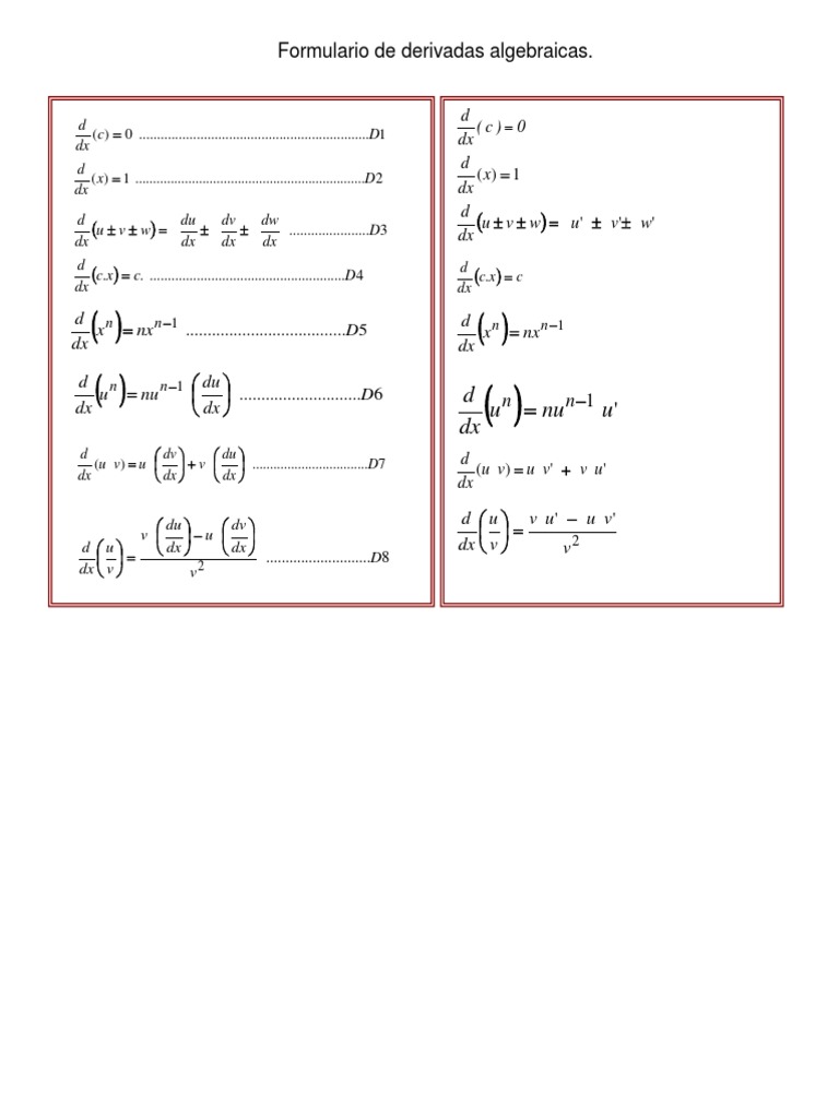 Formulario de Algebra y Derivadas Algebraicas | PDF | Ecuación cuadrática | Ajedrez