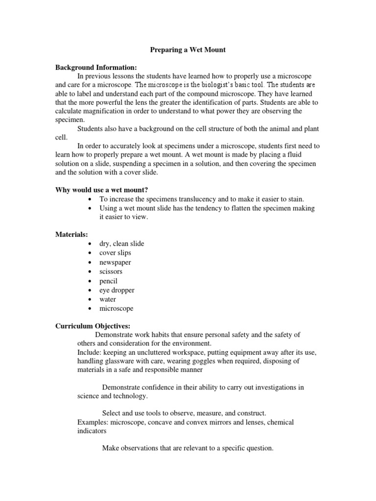 Lab Activity 4 Preparing A Wet Mount | PDF | Cell (Biology) | Staining
