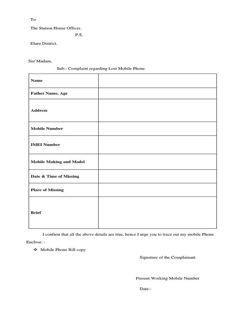 Lost Mobile Phone Complaint Format | PDF