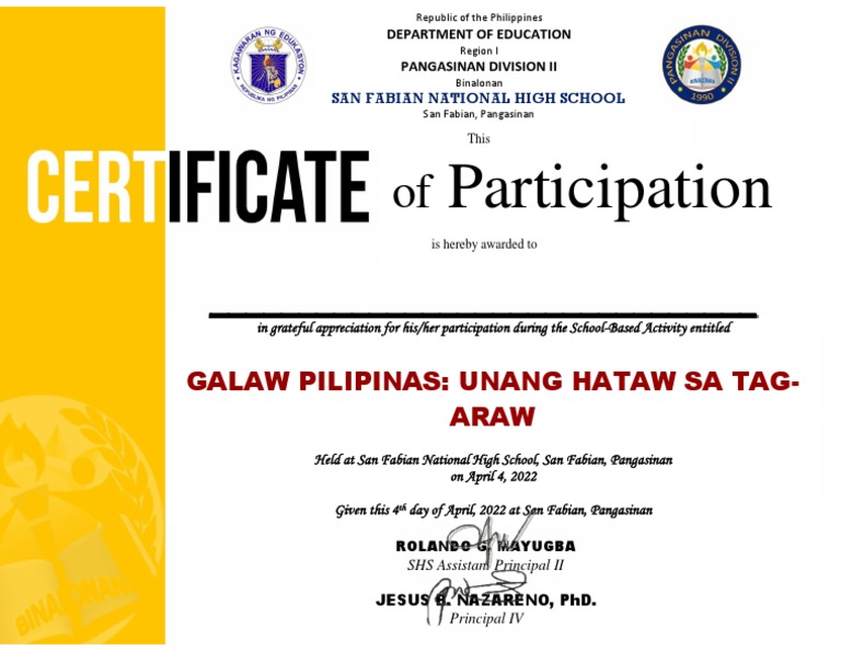 Certificate of Participation GALAW PILIPINAS | PDF