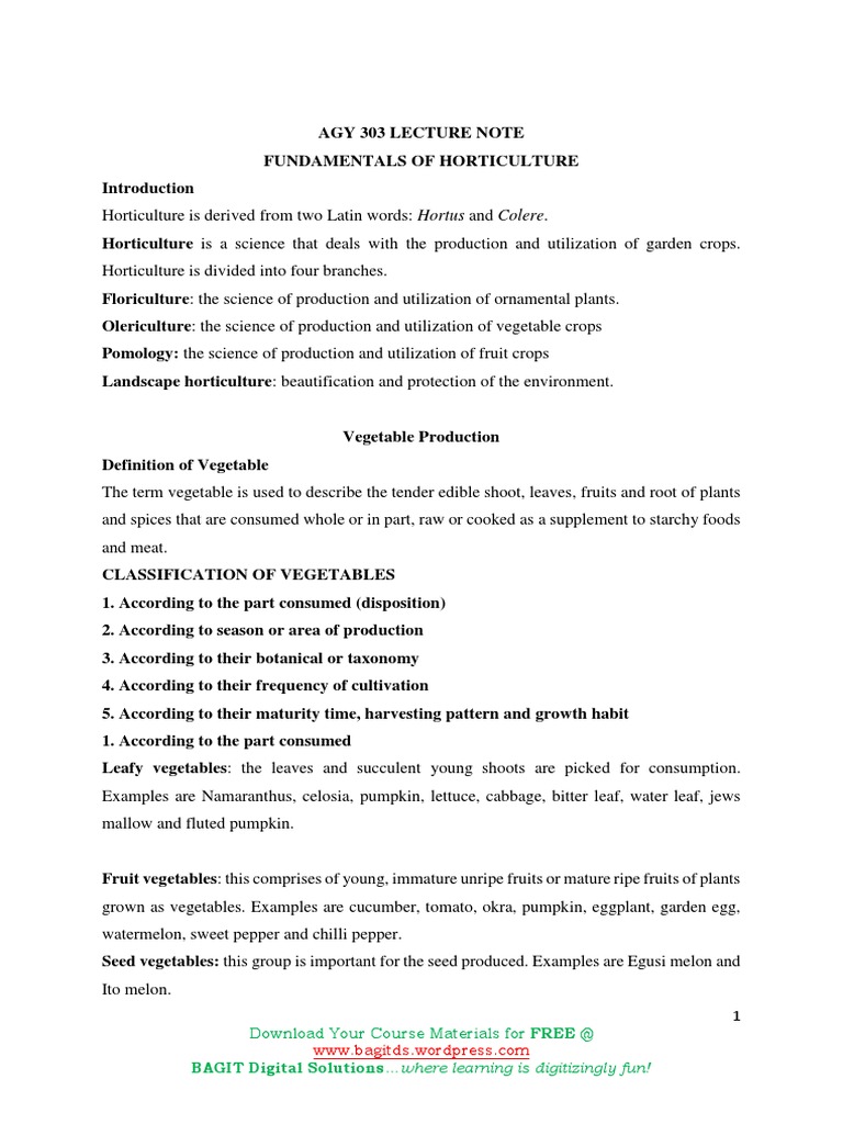 Horticulture Note | PDF | Vegetables | Plant Nursery