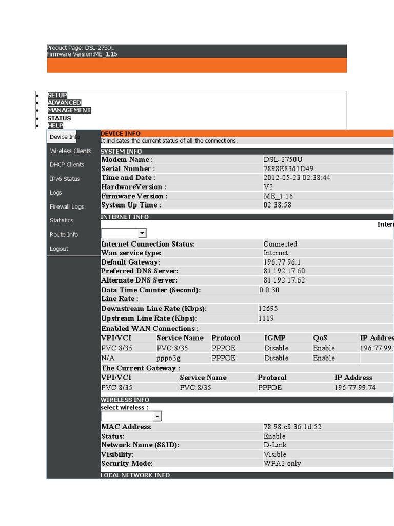 Setup Advanced Management Help: Product Page: DSL-2750U Firmware ...