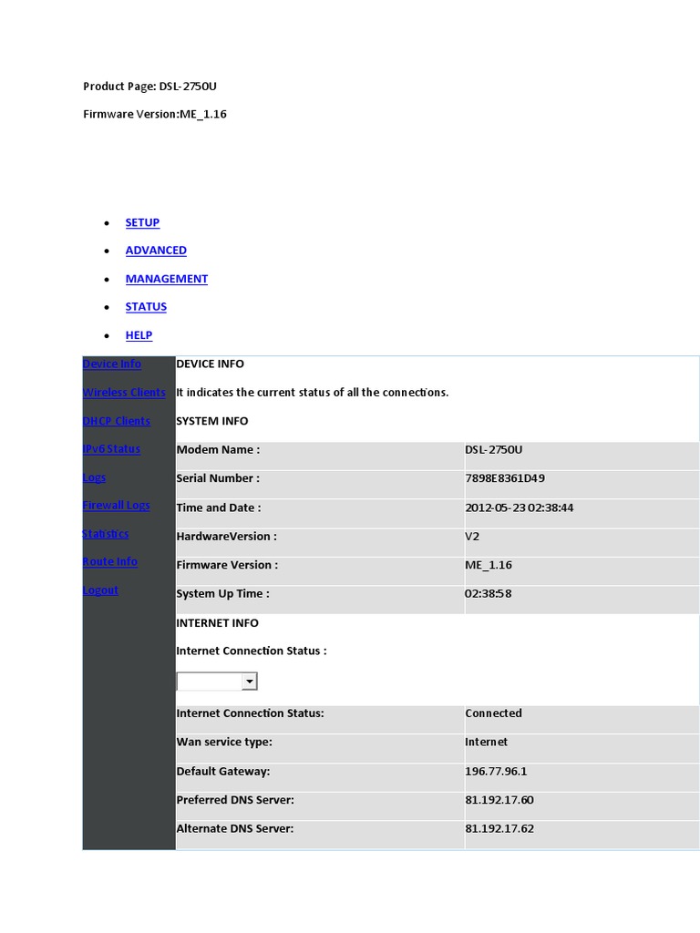 Product Page: DSL-2750U Firmware Version:ME - 1.16: Setup Advanced ...