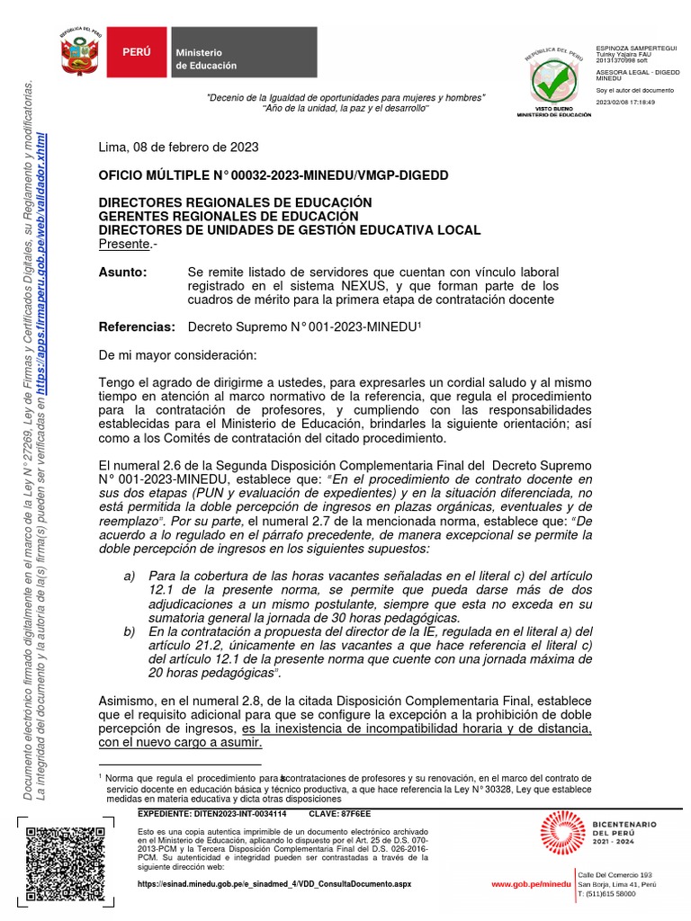 Oficio - Multiple 00032 2023 Minedu VMGP Digedd (R) | PDF | Regulación