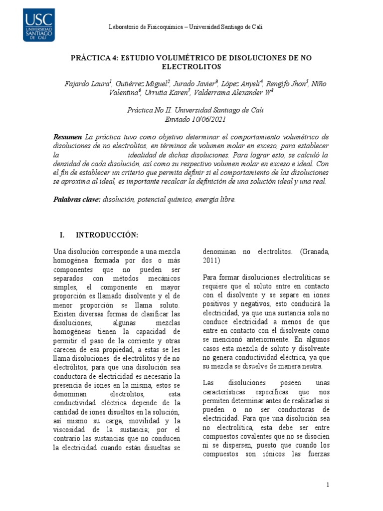 Práctica 4: Estudio Volumétrico de Disoluciones de No Electrolitos | PDF | Ciencias fisicas ...
