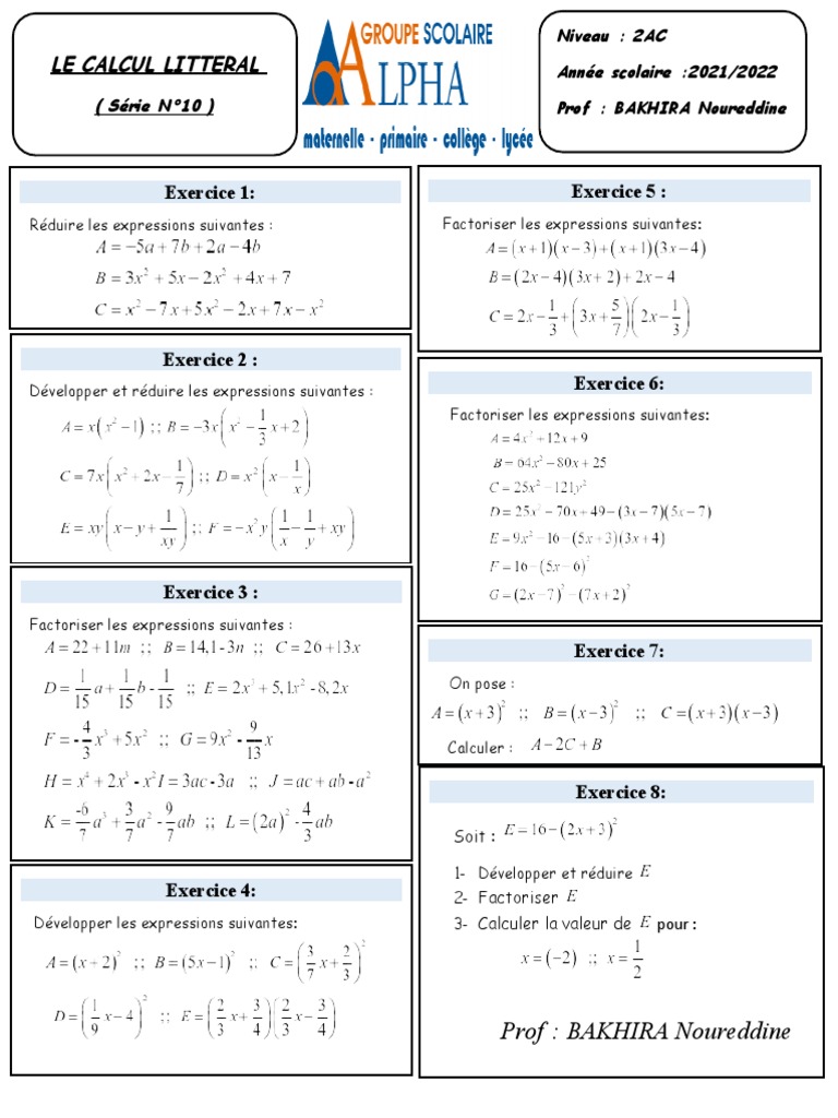 Exercices corrigés de calcul littéral 2AC | PDF