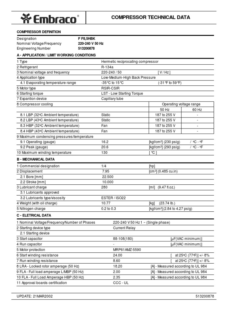 Embraco - FF8,5 HBK | PDF | Evaporation | Alternating Current