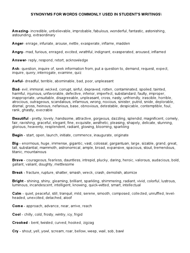 Synonyms For Words Commonly Used in Student | PDF