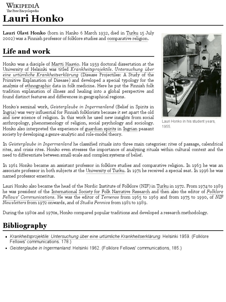 Lauri Honko - Wikipedia | PDF | Science