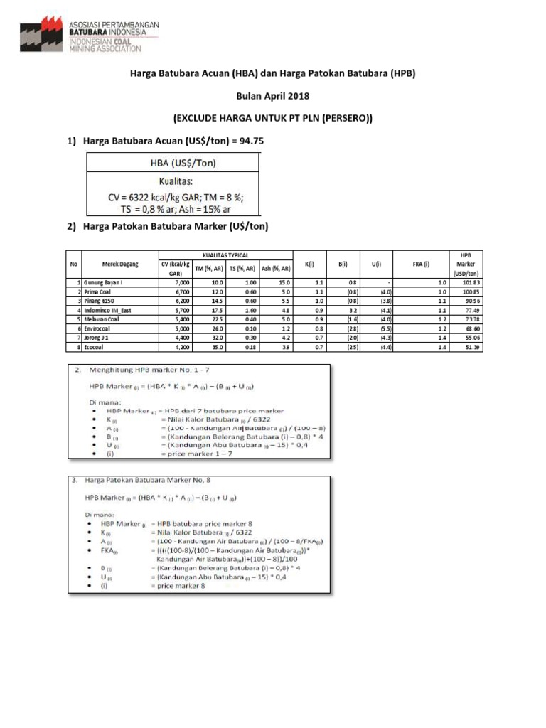 April 2018 Indonesian Coal Reference Prices (HBA and HPB) Excluding Prices for PT PLN (Persero ...