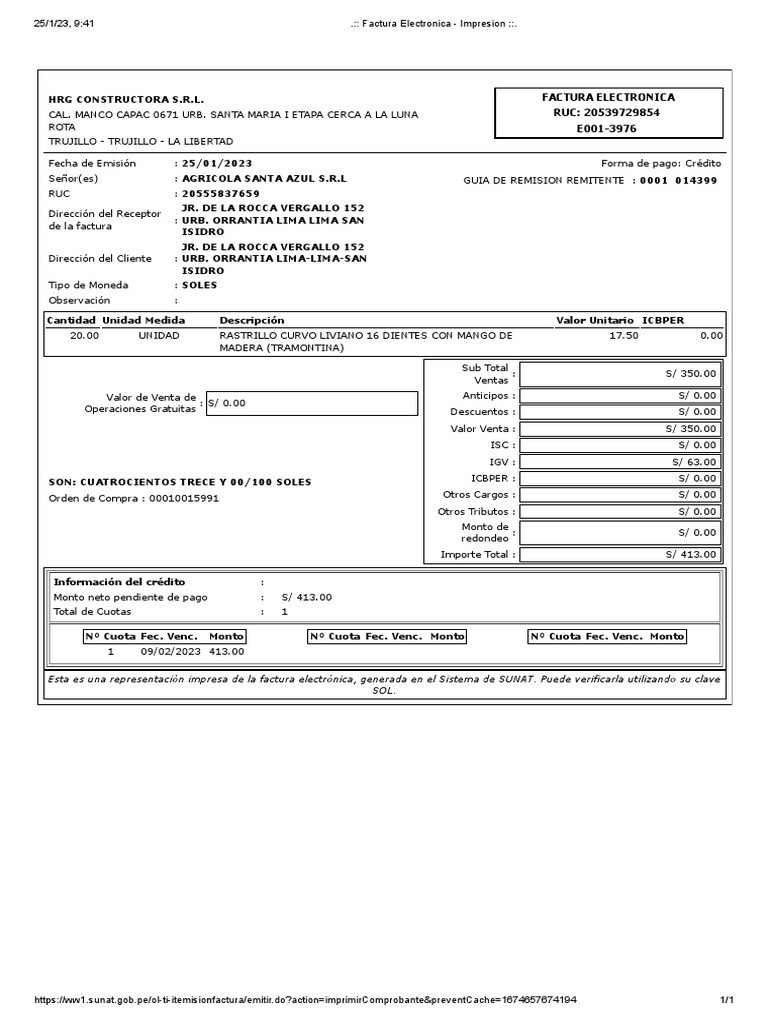 HRG Constructora SRL E001-3976 Oc 15991 Guia 14399 | Descargar gratis PDF | Contabilidad | Pagos