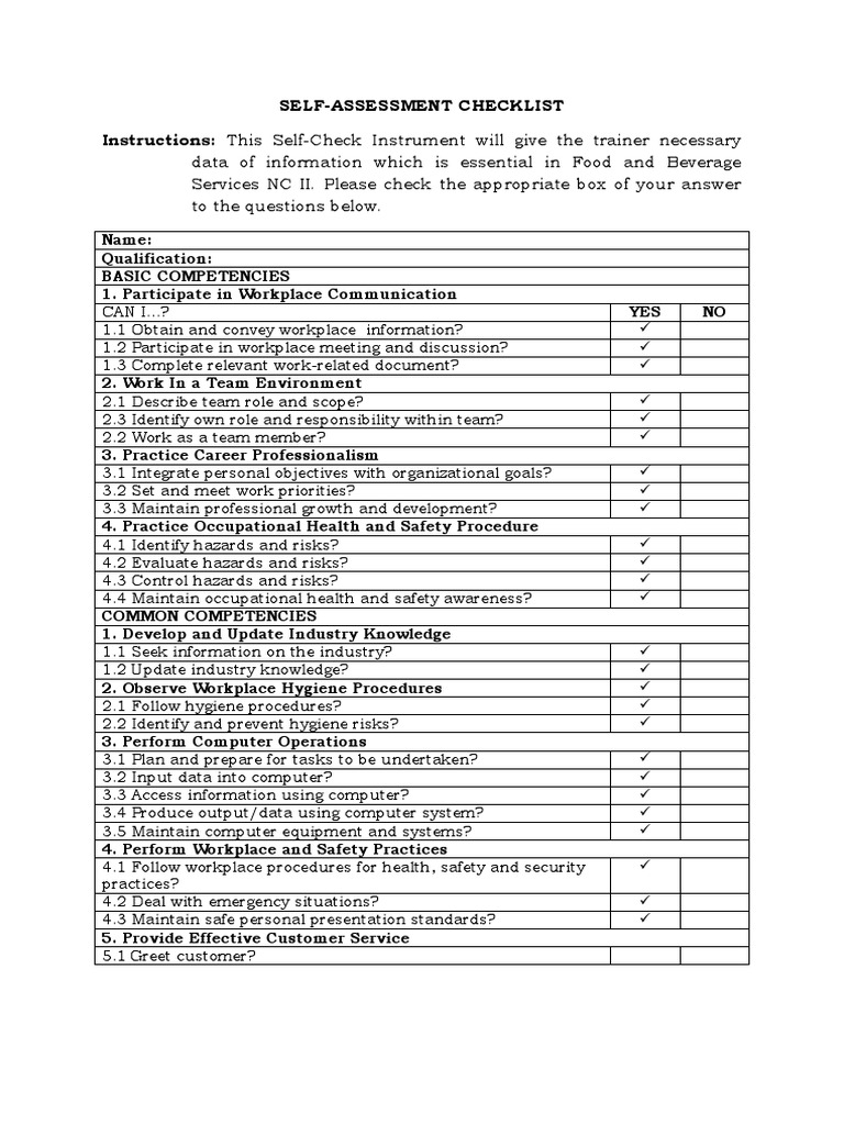 1 - Self Assessment Checklist | PDF | Occupational Safety And Health | Restaurants