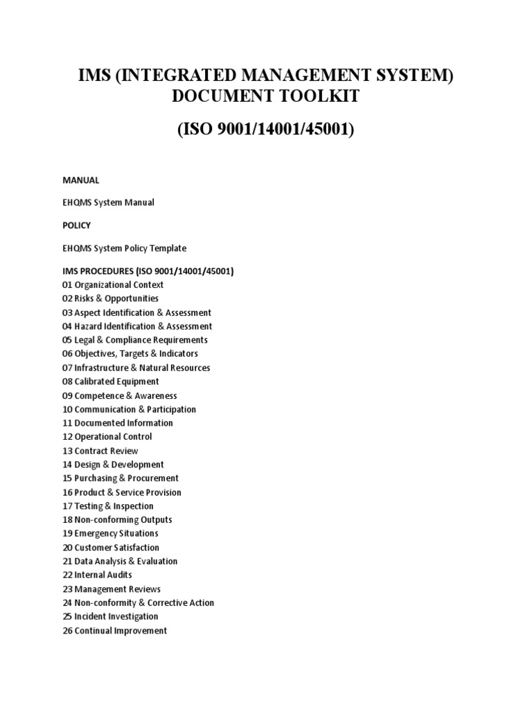 IMS & QHSE Documents Toolkit List | Download Free PDF | Audit | Quality Management System
