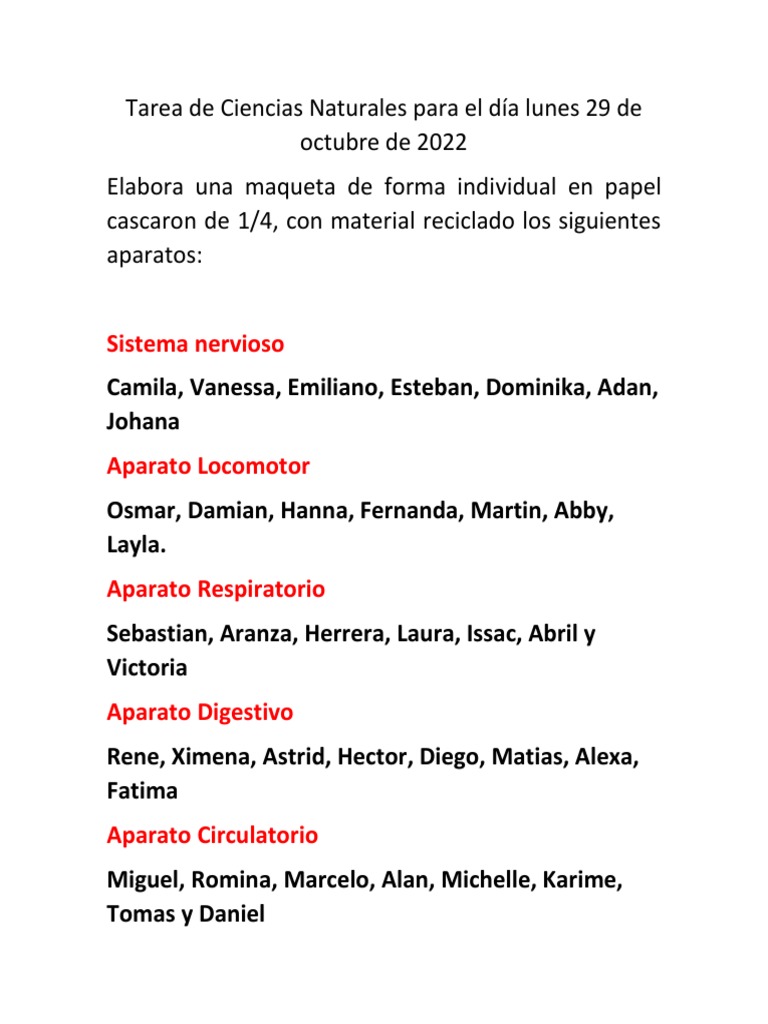Tarea de 4° B Ciencias Naturales para El Día Lunes 29 de Octubre de 2022 | PDF