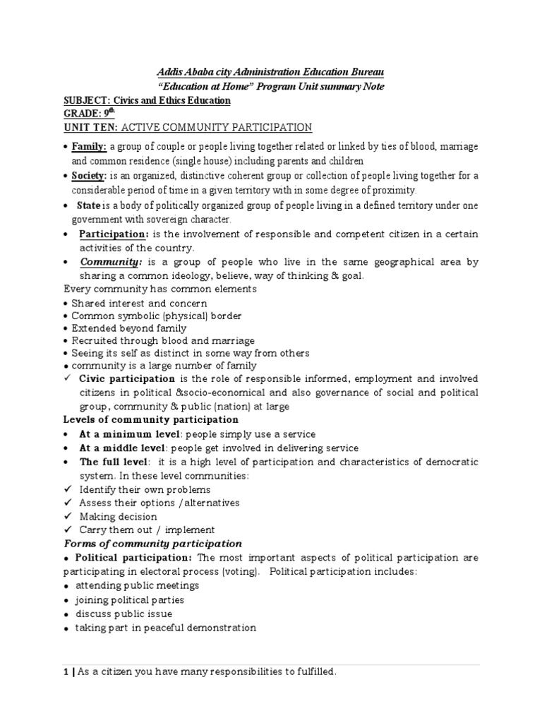 Civics and Ethics Education For Grade 9 Chapter 10 | PDF | Community ...