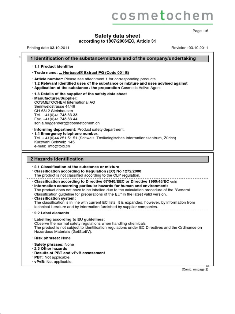 Herbasol Extract PG (Code 001 E) | PDF | Dangerous Goods | Toxicity