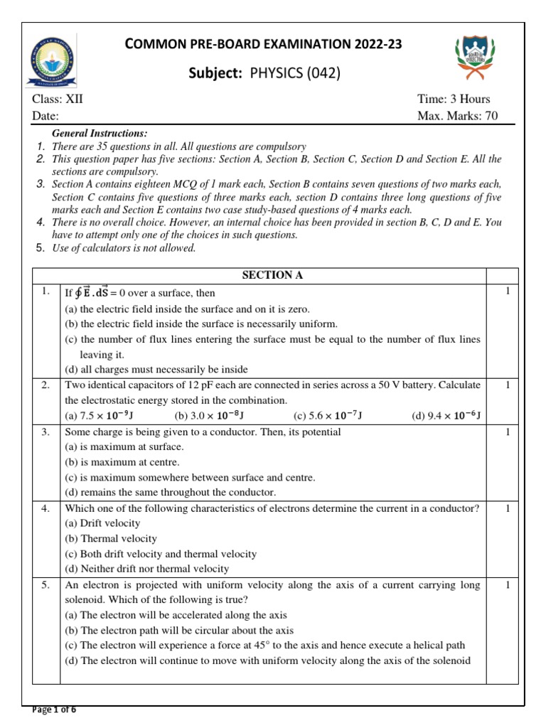 Understanding Physics: An Analysis of a Pre-Board Examination for Class XII Students | PDF | P–N ...