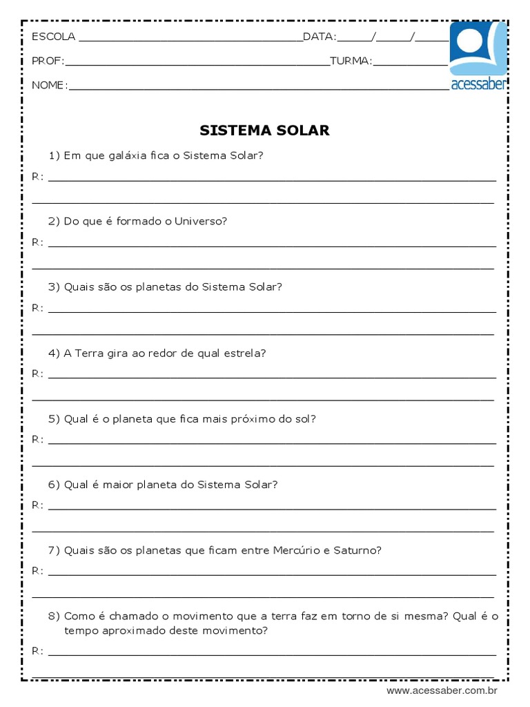 Atividade de Ciencias Sistema Solar 3 Ano e 4 Ano | Download grátis PDF | Sistema Solar | Planetas