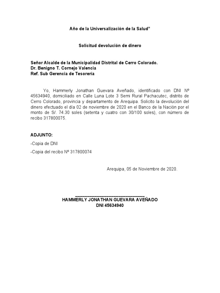Solicitud de Devolución de Dinero | PDF