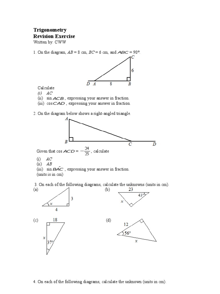 Trigonometry Revision Exercise | PDF | Trigonometry | Angle