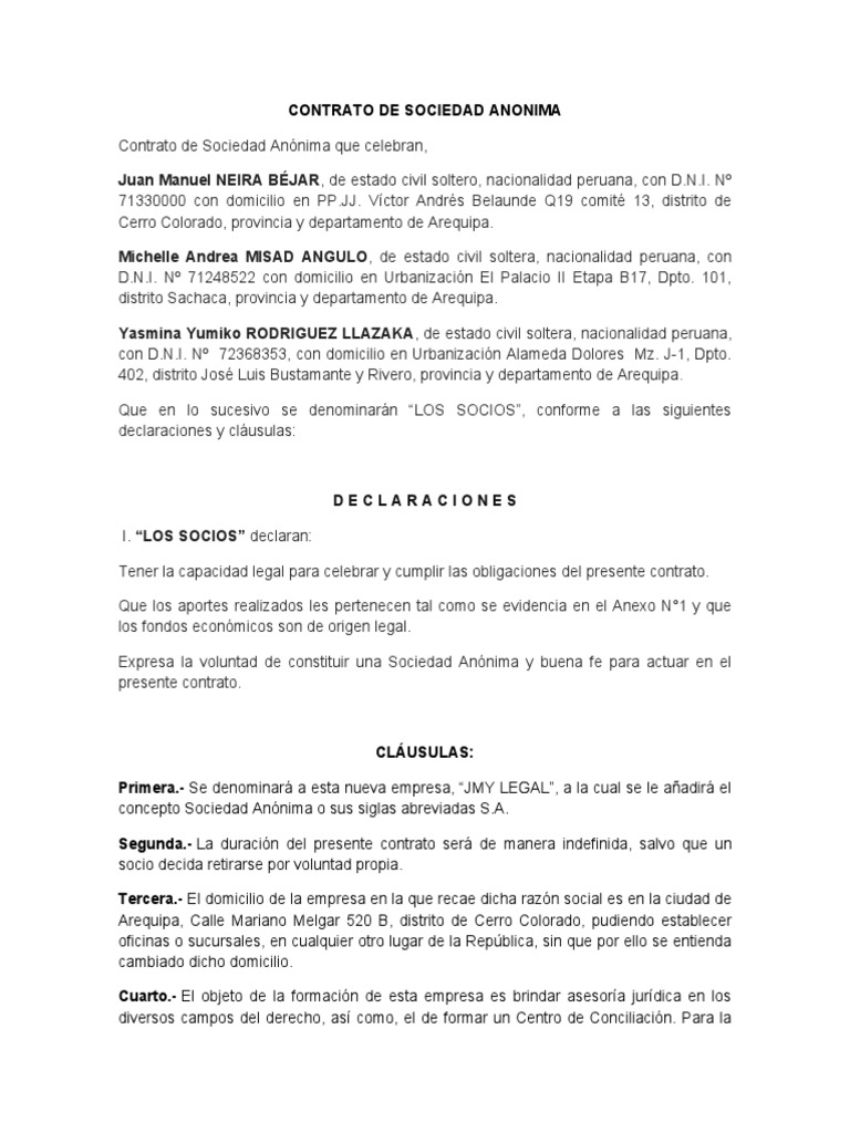 Contrato de Sociedad Anonima | PDF | Sociedad de responsabilidad limitada