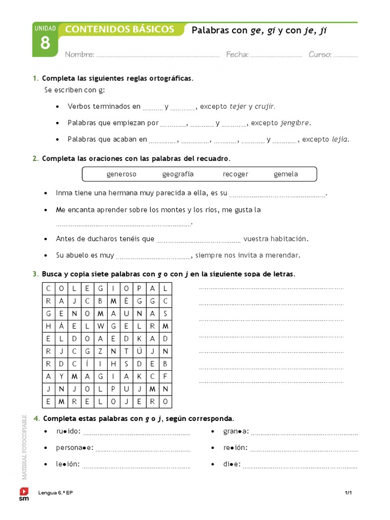 Actividades de ortografía: ge, gi, je, ji | PDF