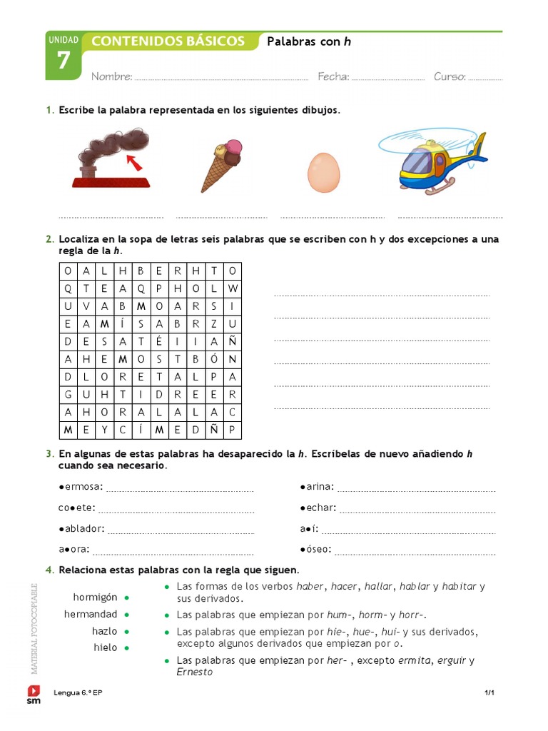 Sopa de letras: Palabras con H | PDF