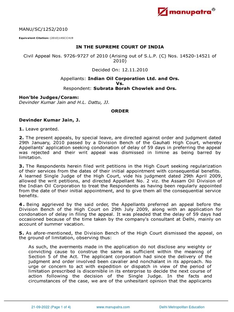 Indian Oil Corp. Delay Condonation Case | PDF | Judgment (Law) | Appeal