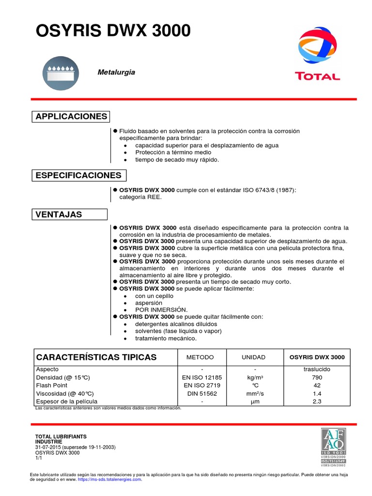 TDS Total Osyris-Dwx-3000 Hdi 201507 Es Col | PDF | Agua | Química