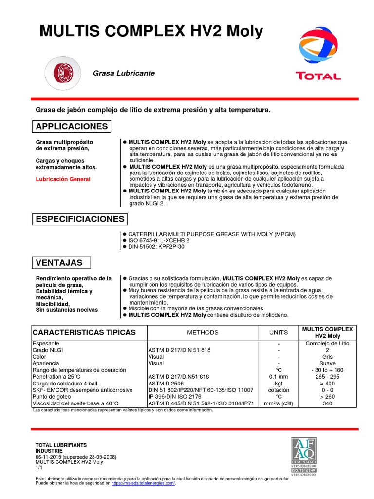 Grasa Lubricante MULTIS COMPLEX HV2 Moly | PDF | Rodamiento (Mecánico ...