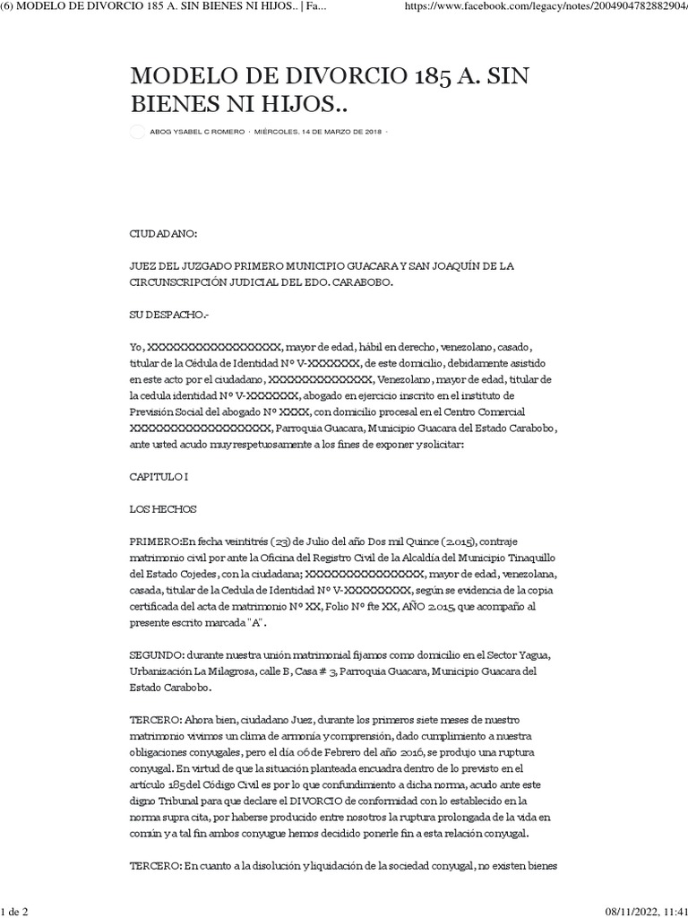 Modelo De Divorcio 185 A Sin Bienes Ni Hijos Facebook Pdf