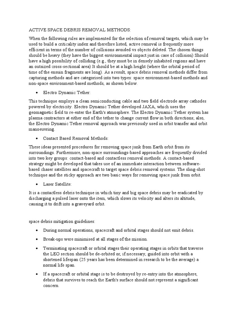 ACTIVE SPACE DEBRIS REMOVAL METHODS Anish Part | Download Free PDF ...