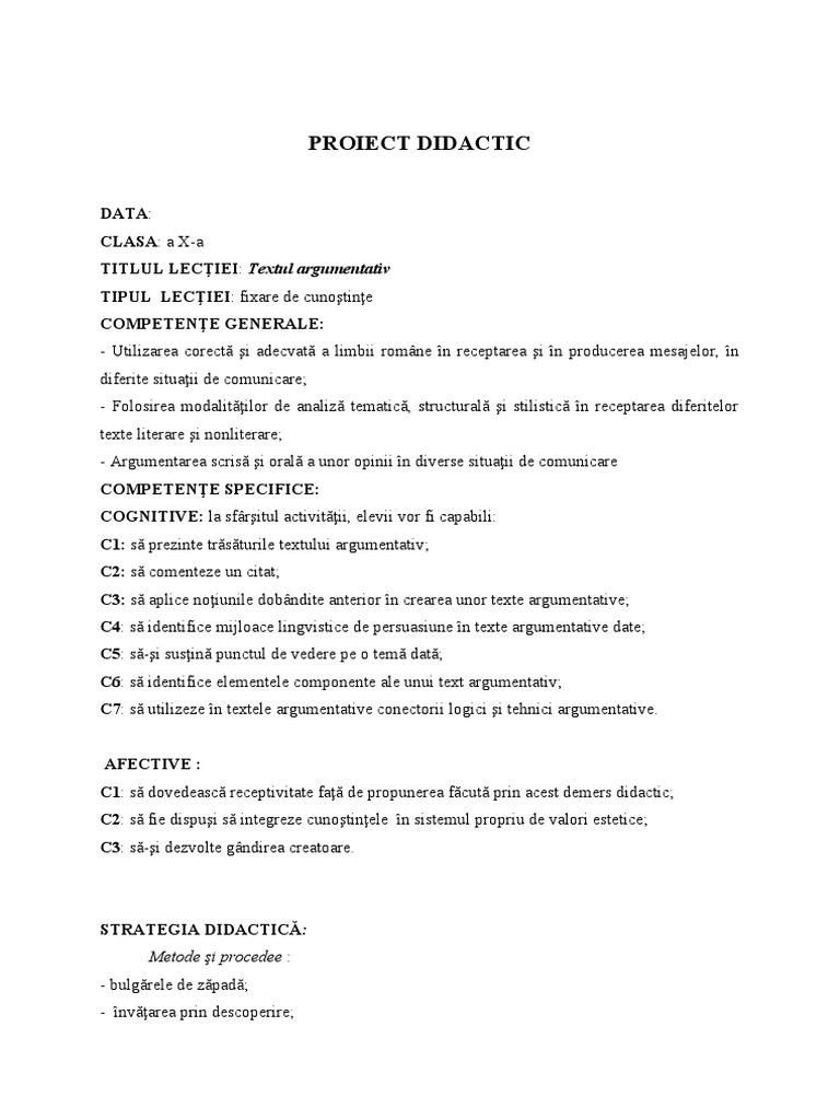 Textul Argumentativproiect Didactic | PDF