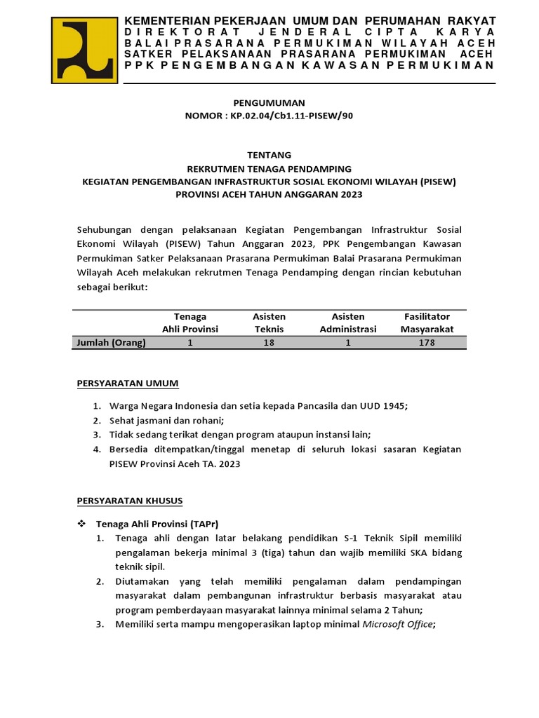 Rekrutmen Tenaga Pendamping Pisew Aceh 2023 | PDF