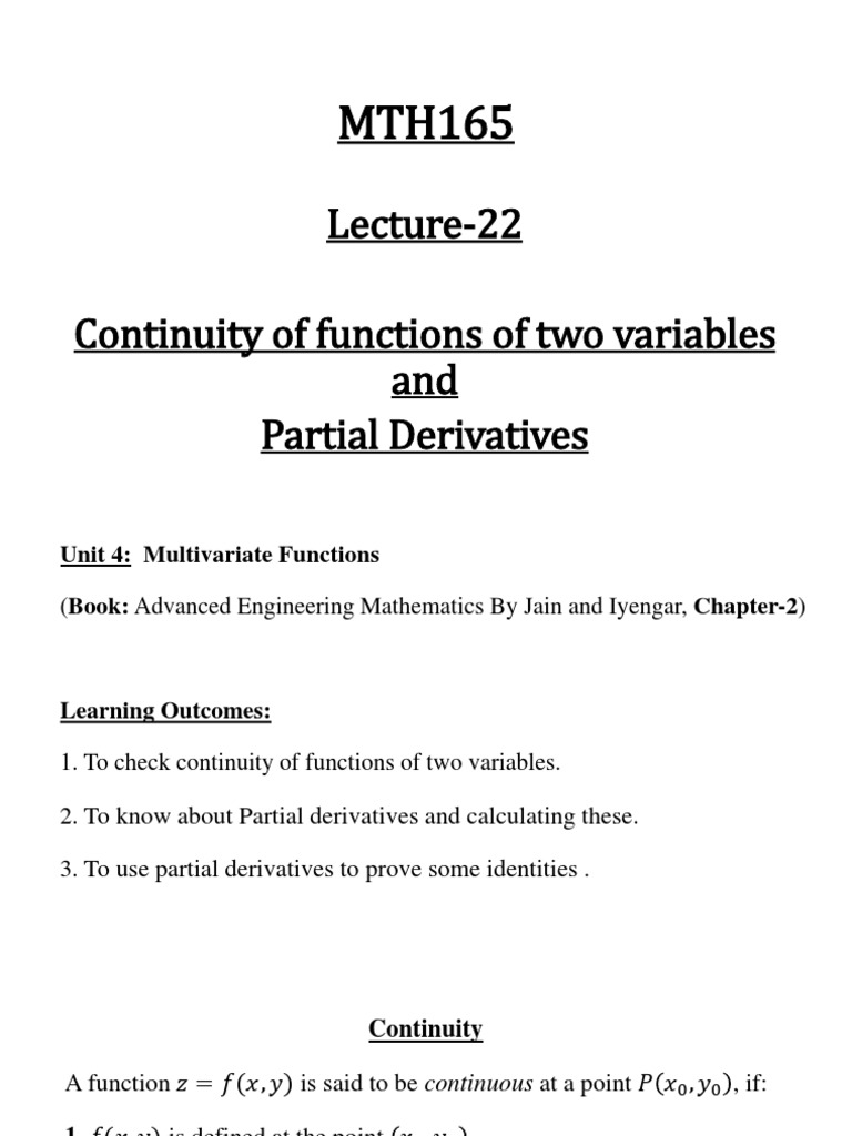 Lecture 22 Continuity and Partial Derivatives MTH165 | PDF | Derivative | Variable (Mathematics)