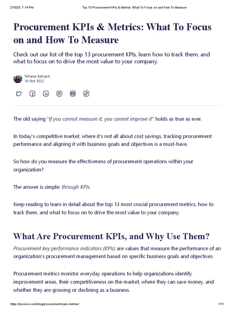 Top 13 Procurement Kpis And Metrics What To Focus On And How To Measure Pdf Performance